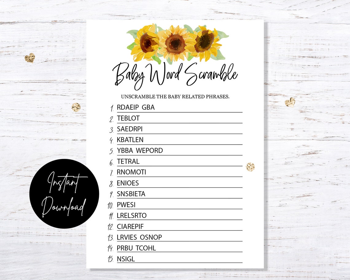 Sunflower Baby Shower Word Scramble Game - INSTANT DOWNLOAD - Printable ...
