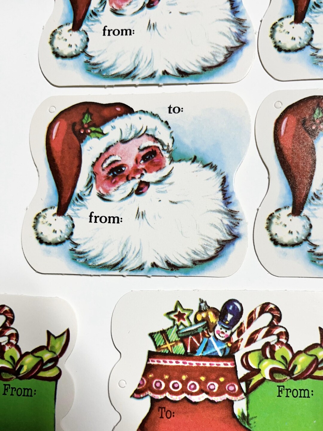 Vintage 1980's Peck Santa and Stocking Gift Tags, Retro Christmas Tags ...