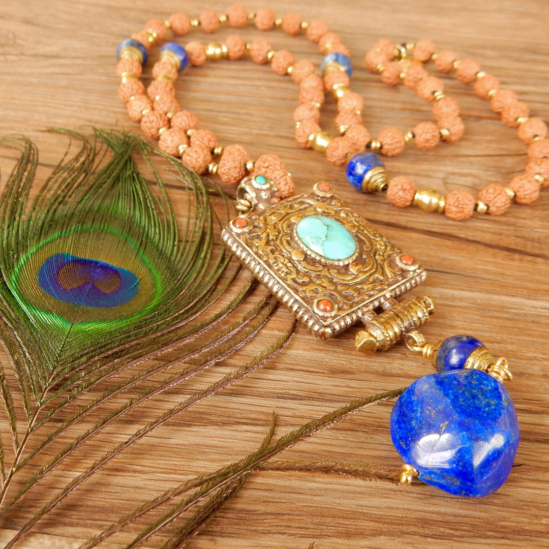 Ethnic Necklace With Tibetan Pendant, Rudra Beads and Lapis Lazuli - Etsy