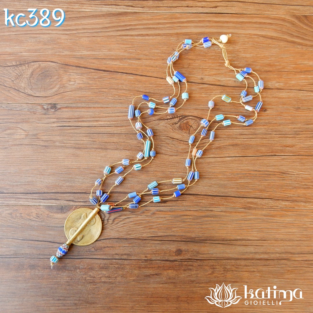 Necklace With African Glass Beads chevron Ghana Beads Knotted on 3 ...