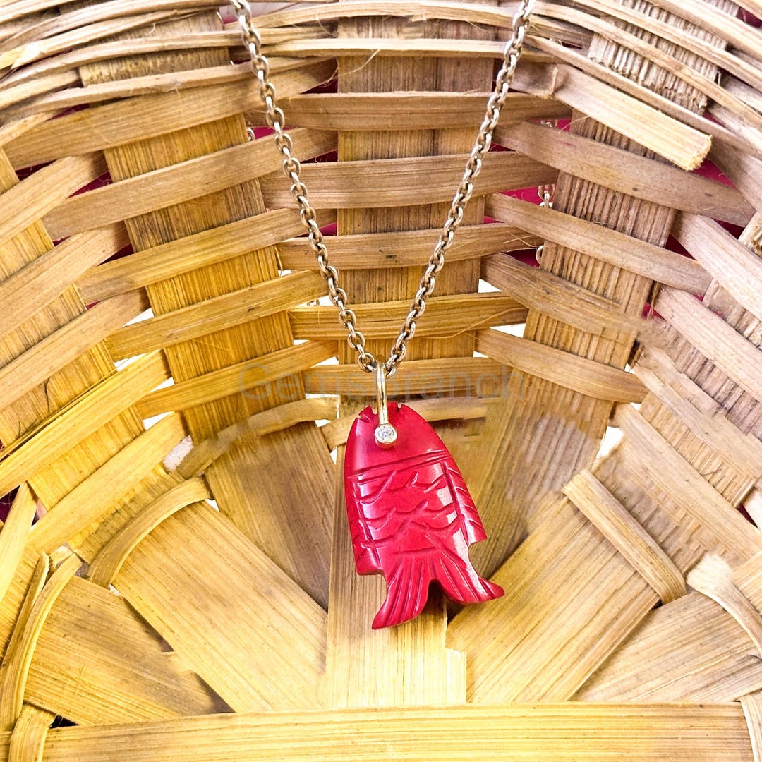 Gorgeous Red Coral Hand Carved Fish Pendant, 925 Silver Handmade ...
