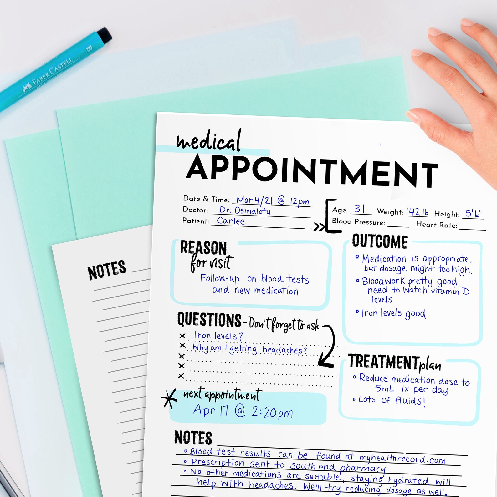Medical Doctor Appointment Notes Printable, Medical Information Sheets ...