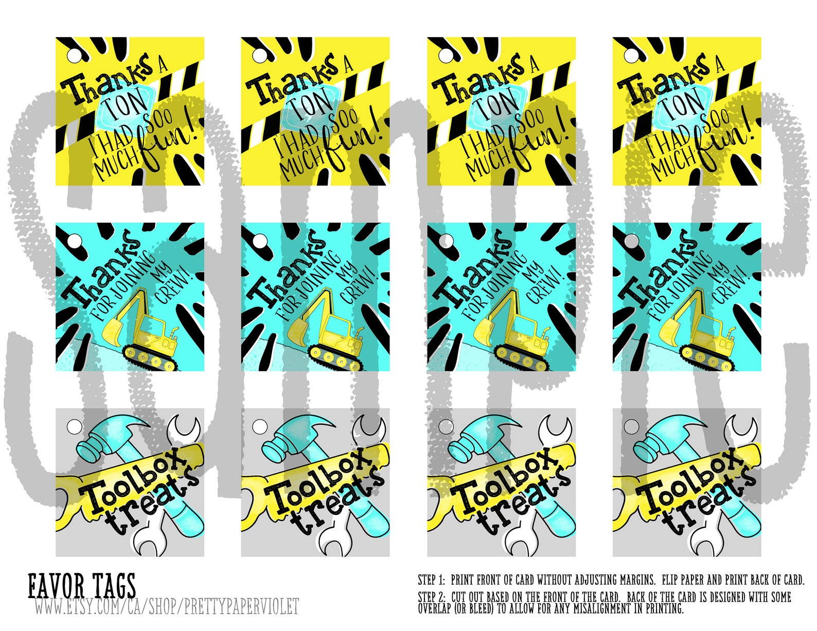 Construction Party Favor Tags Instant Download Printable - Etsy