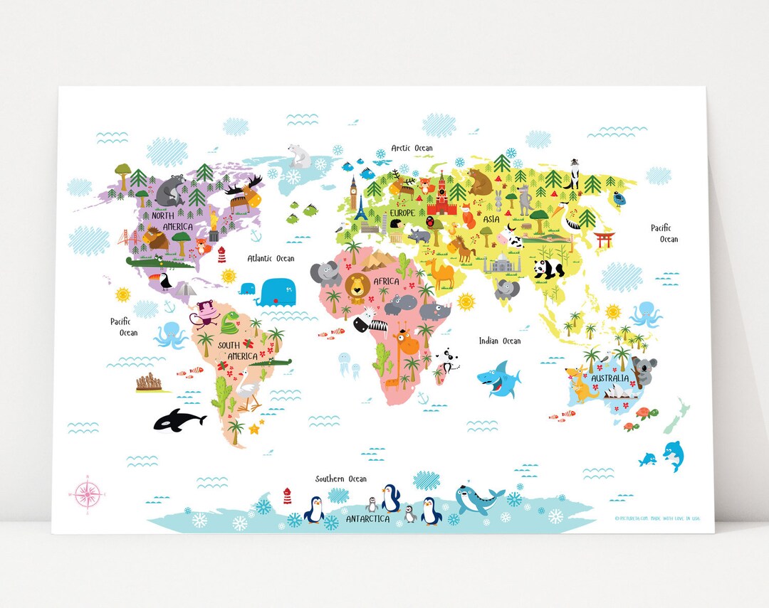 Baby Girl World Map Nursery Art: Educational Animal Poster - Etsy