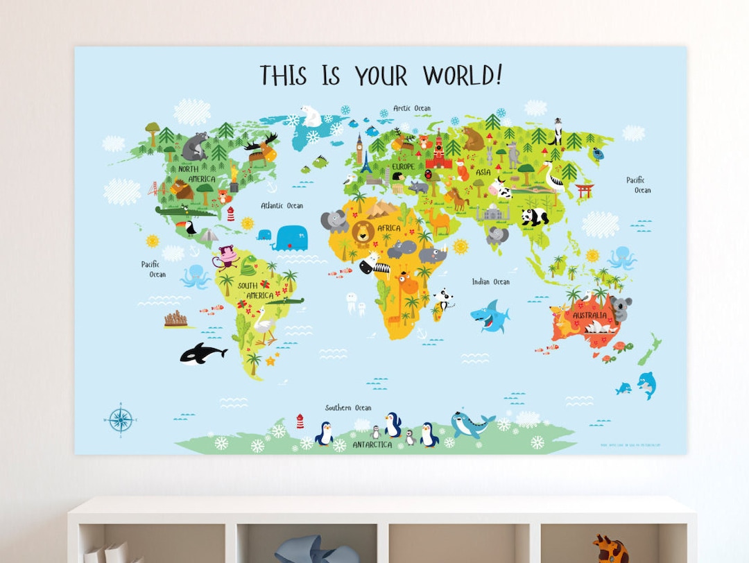 Kids World Map Poster: Educational Playroom Wall Art - Etsy