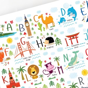 Travel Alphabet Nursery Poster: Animal ABC Print, World Landmarks - Etsy