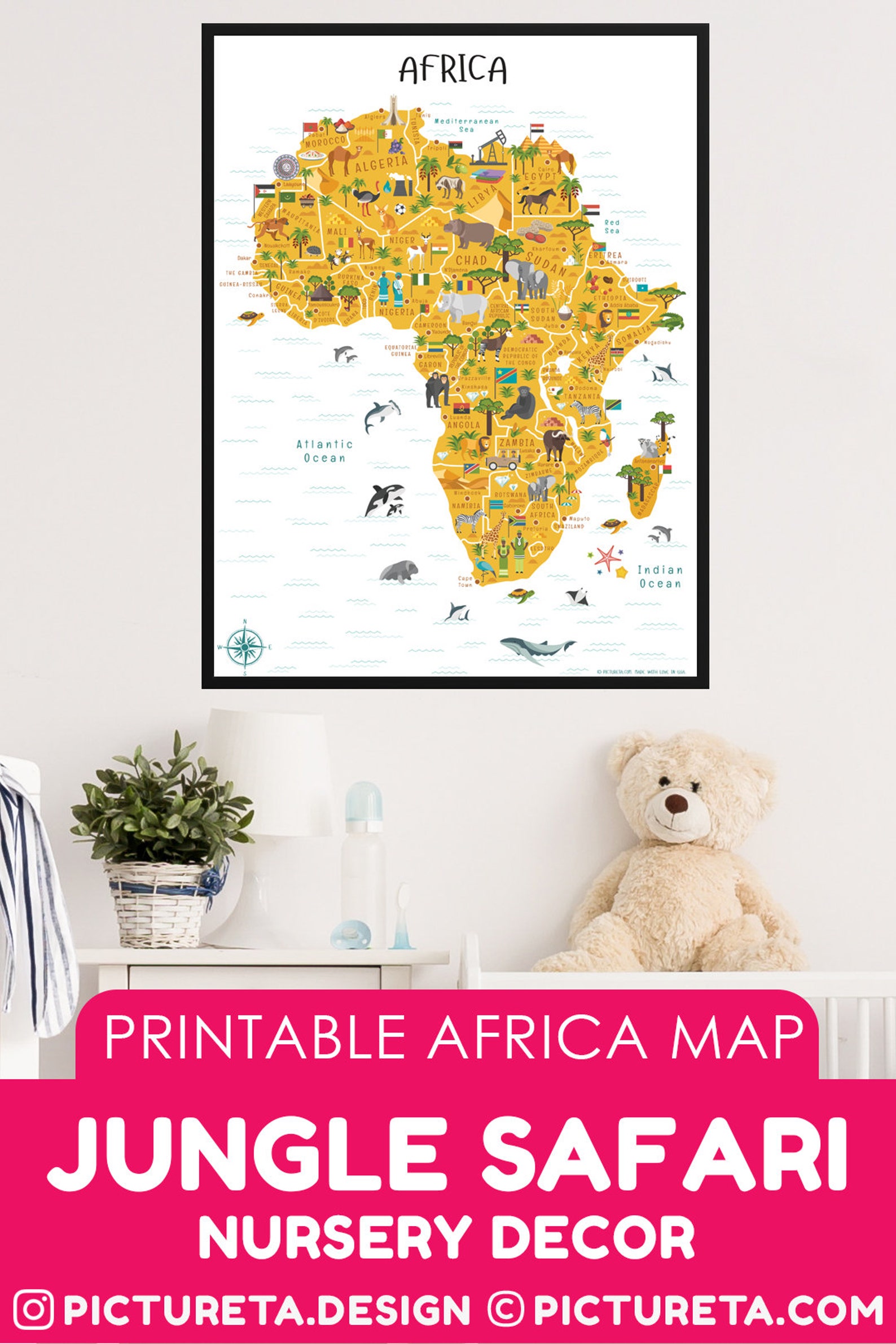 Africa Map, Printable Art, African Animals, INSTANT DOWNLOAD, Africa ...