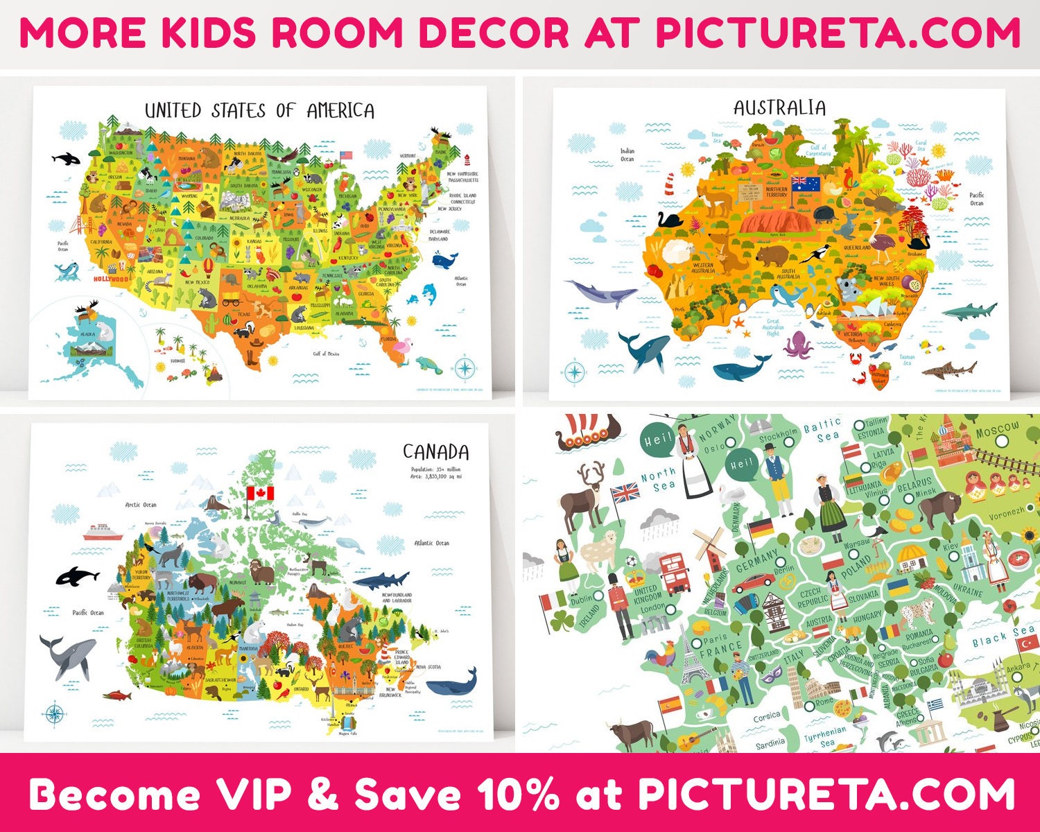 World Map USA Map Kids Wall Art Set of 2 Posters Unique - Etsy