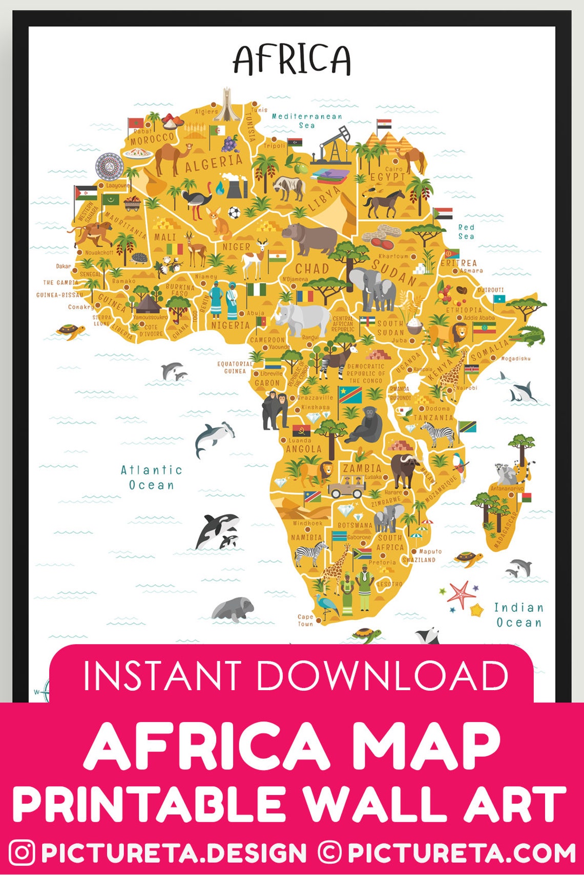 Africa Map Printable Art African Animals INSTANT DOWNLOAD - Etsy