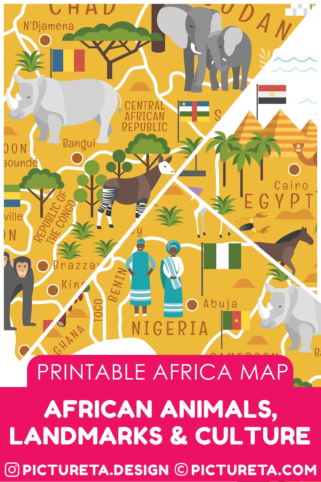 Africa Map Printable Art African Animals INSTANT DOWNLOAD | Etsy