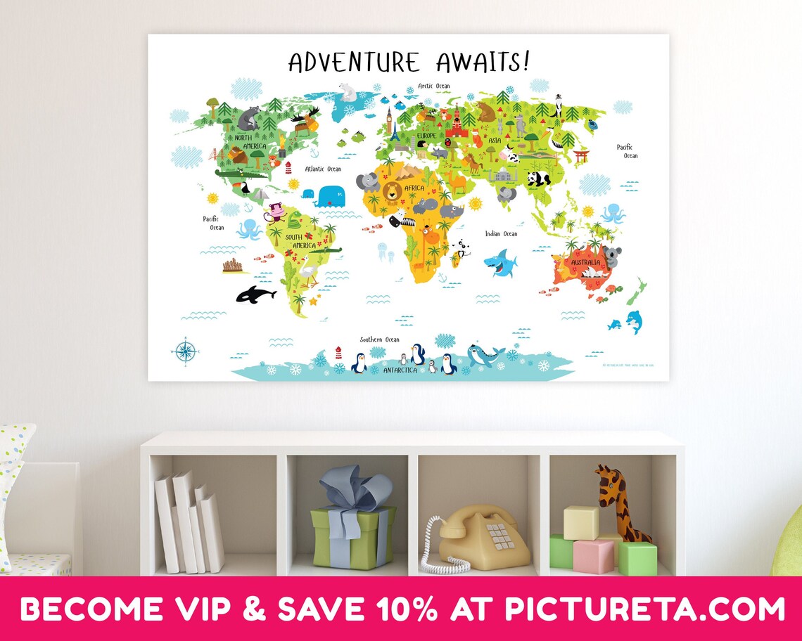 Kids World Map World Map for Children Kids Maps Child | Etsy
