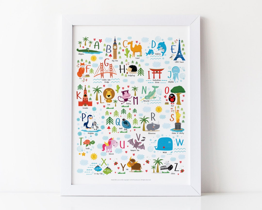 Travel Alphabet Nursery Poster: Animal ABC Print, World Landmarks - Etsy