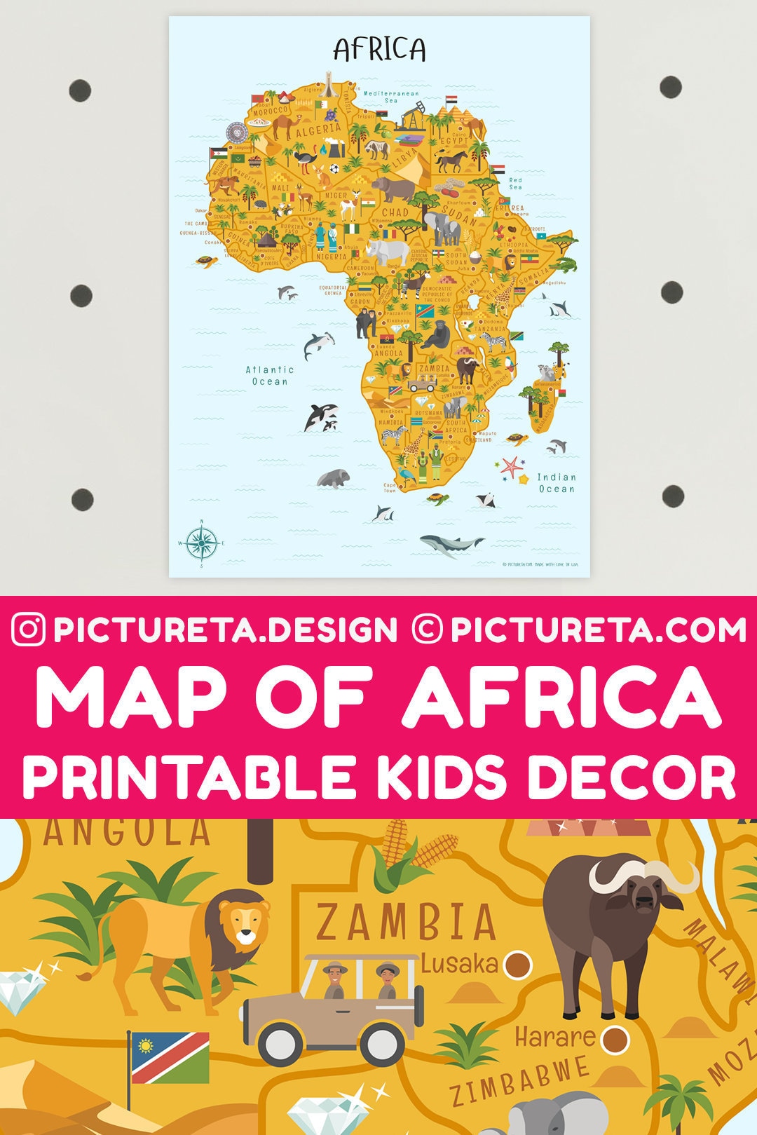 Kids Wall Art - Africa, Map Art, Playroom Decor, INSTANT DOWNLOAD ...