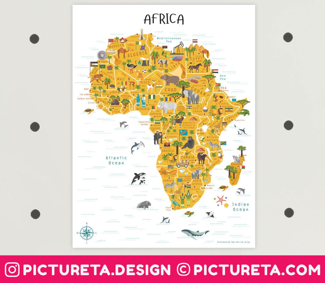 Africa Map Printable Art African Animals INSTANT DOWNLOAD - Etsy