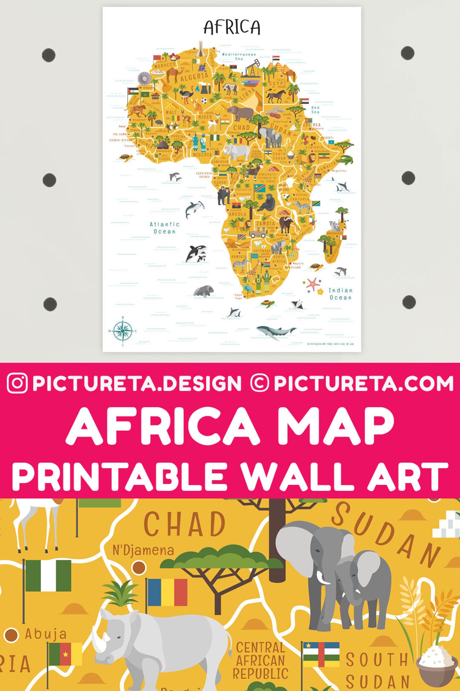 Africa Map, Printable Art, African Animals, INSTANT DOWNLOAD, Africa ...