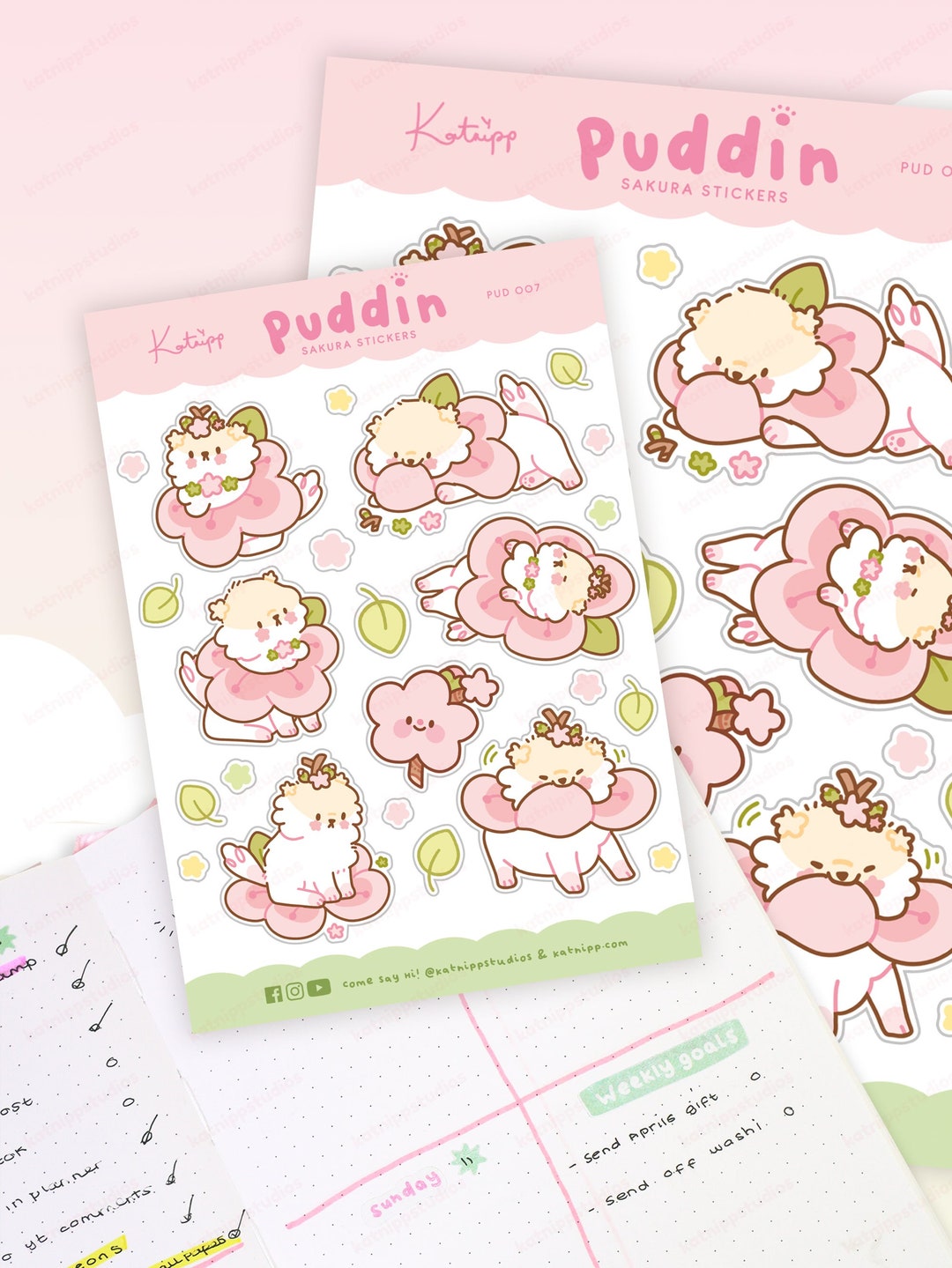 Kawaii Puddin Dog Sakura Planner Sticker Sheet Cute Cherry Blossom ...