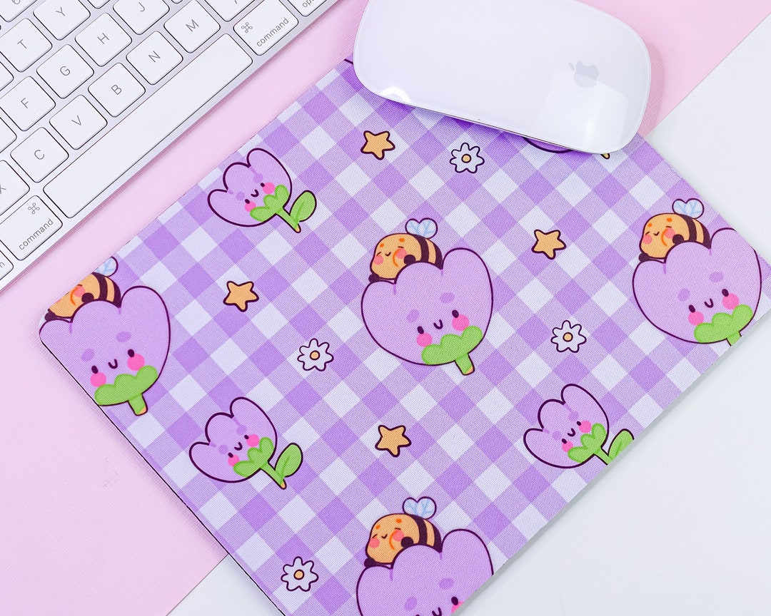 Purple Gingham Mouse Pad | Bumblebee & Tulip Desk Mat | Cute Pastel ...