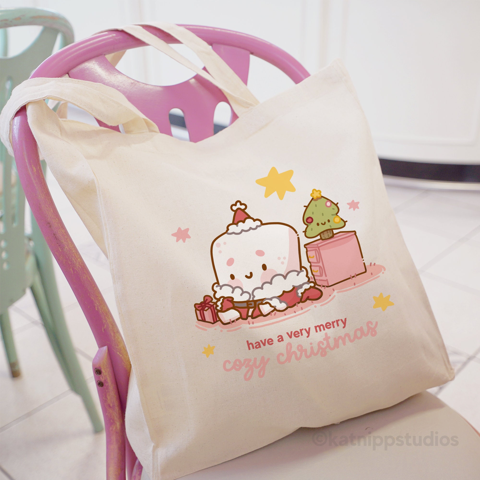 Christmas Tote Bag Cute Marshmallow Long Handle Gusset Eco - Etsy