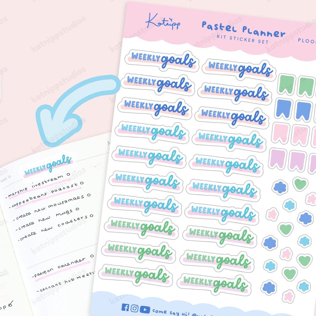 Kawaii Pastel Weekly Goals Planner Stickers | Cute Bunting & Month ...