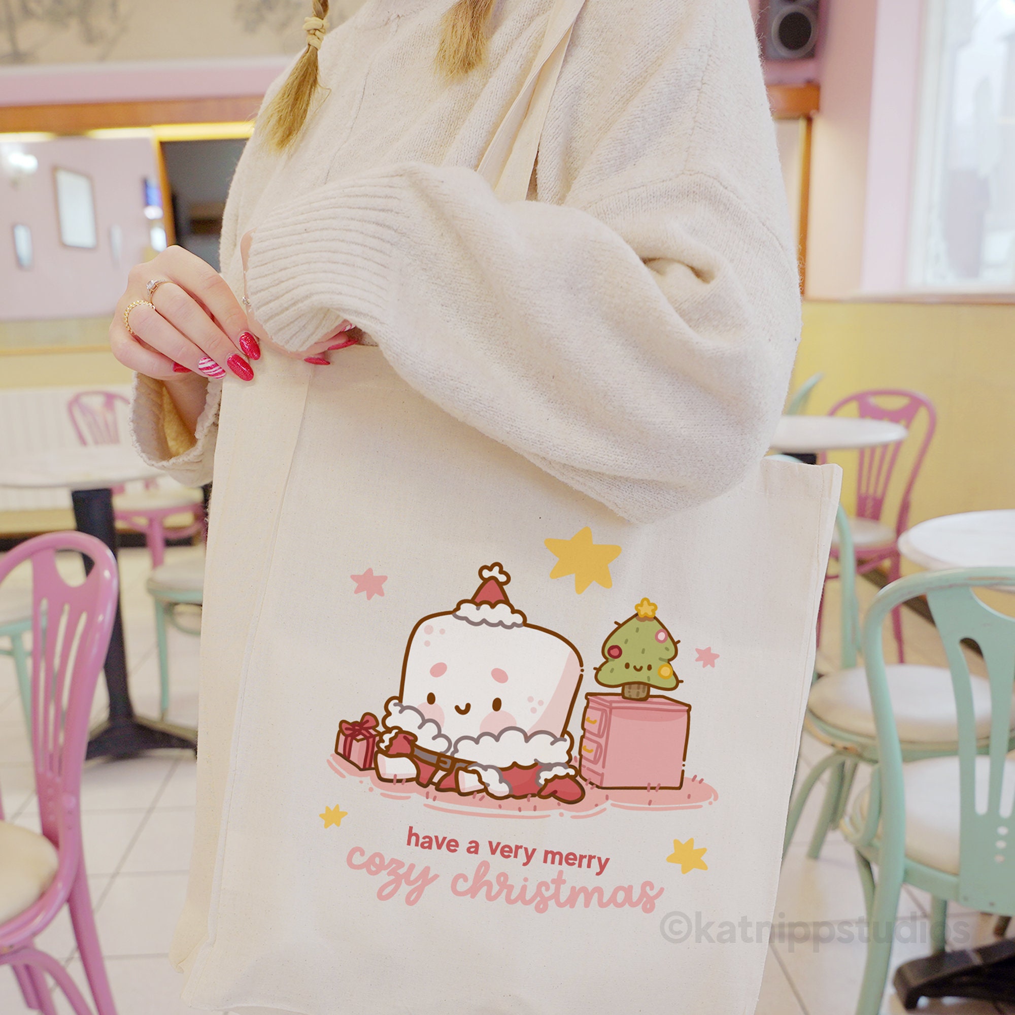 Christmas Tote Bag Cute Marshmallow Long Handle Gusset Eco - Etsy