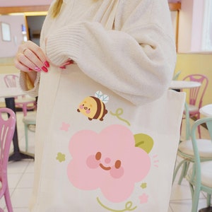 Katnipp Kawaii Handprinted Tote Bag | Bumblebutt Bee & Sakura Flowers ...