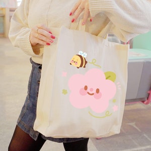 Katnipp Kawaii Handprinted Tote Bag | Bumblebutt Bee & Sakura Flowers ...