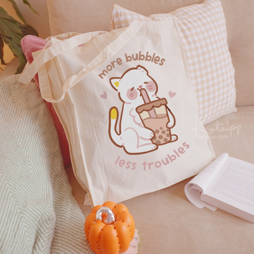 Bubble Tea Cat Illustrated Cotton Eco Tote Bag | Long Handle Gusset ...