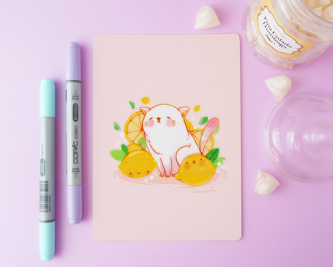 Kawaii Lemon Cat Art Print Kawaii Cute Cat Print Katnipp - Etsy