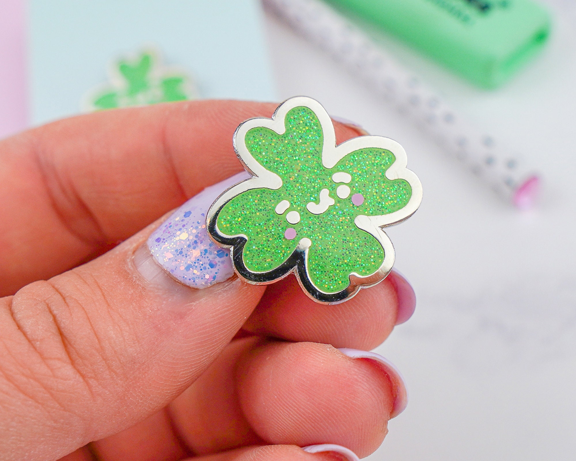 Glitter Lucky Charm Enamel Pin Irish Four Leaf Clover Good | Etsy