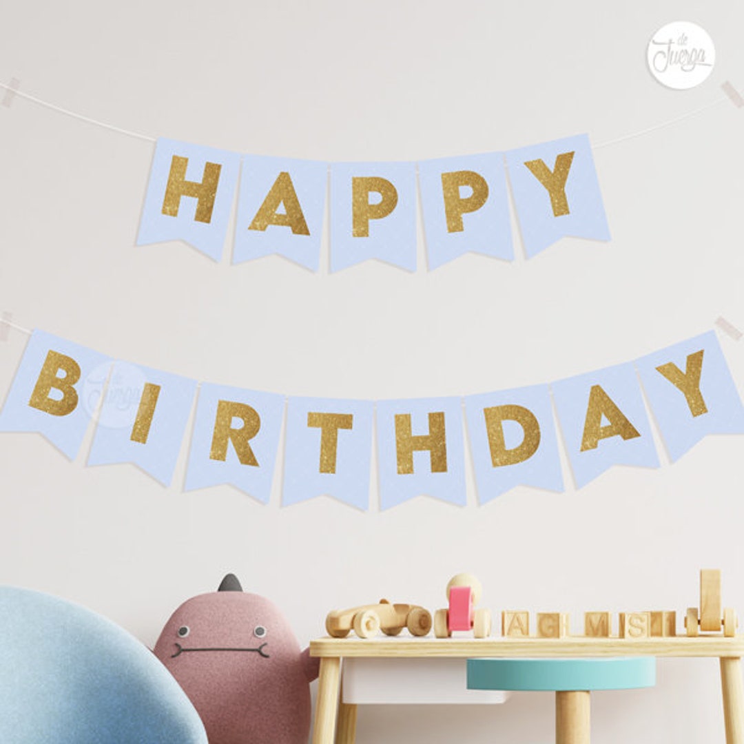 Happy Birthday Printable Banner. Light Blue and Gold Happy Birthday ...