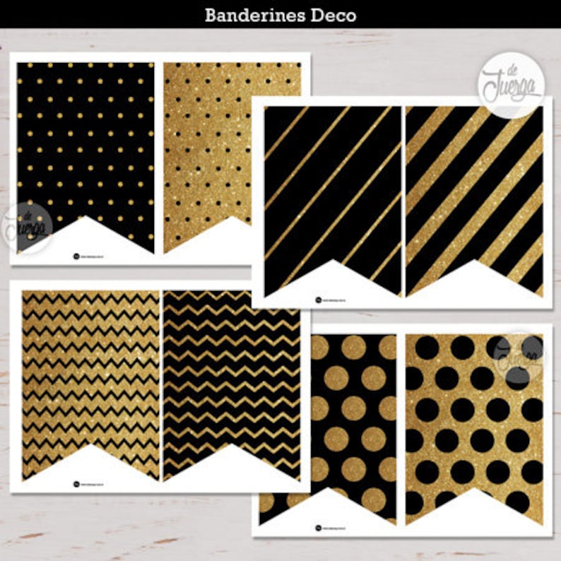 Printable Gold and Black Bunting Kit Alphabet, Numbers and Decoration ...