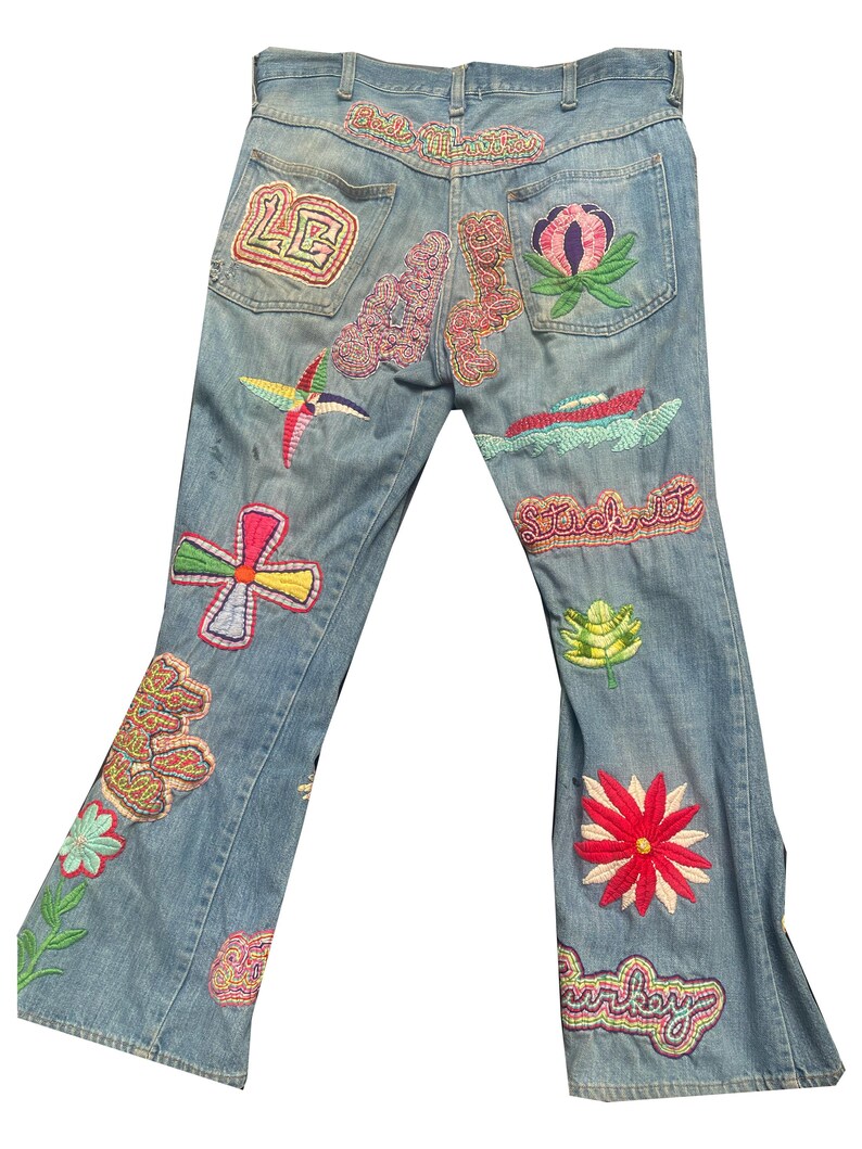 1960s Vintage Embroidered Denim Jeans Flared 32" Rare - Etsy