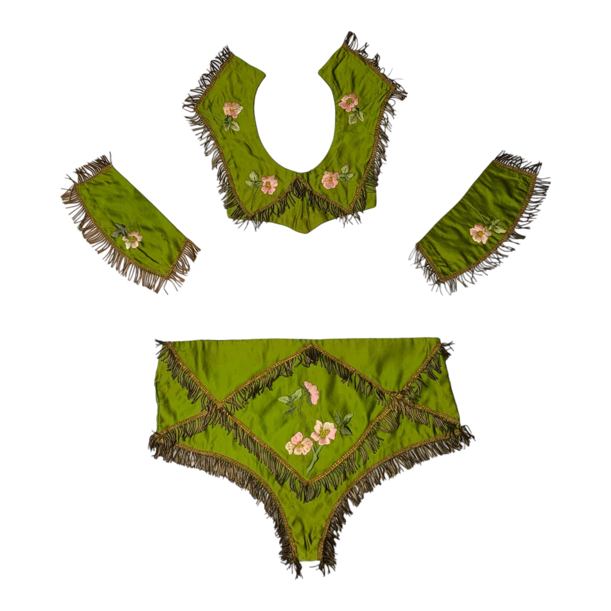 1950s Vintage Green Satin Burlesque Set With Fringe Floral Embroidery ...