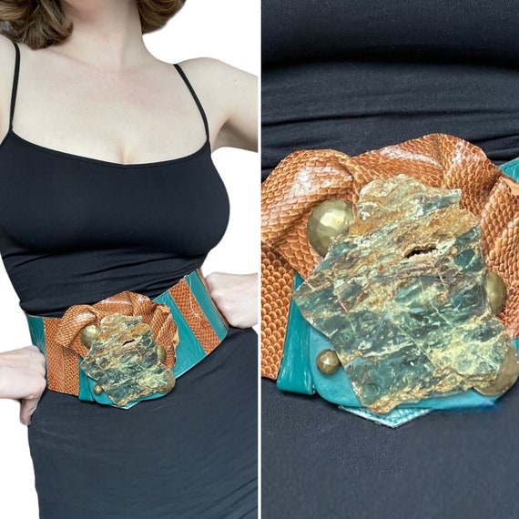 1980s RARE Blue Stone and Brass Leather Statement Belt - Gem