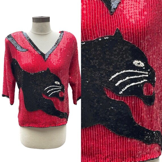 1980s Vintage Sequined Panther Pull-Over Sweater - Gem