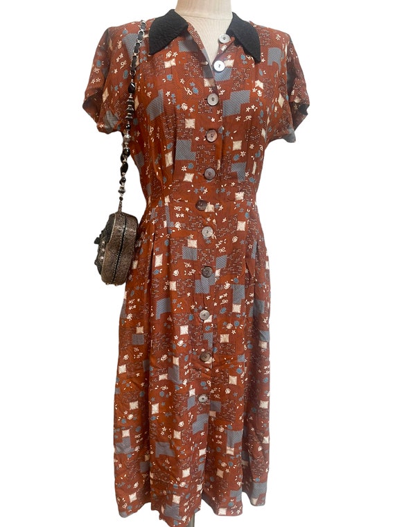 1940s 1930s Rayon Brown floral Print Button Up Dress … - Gem