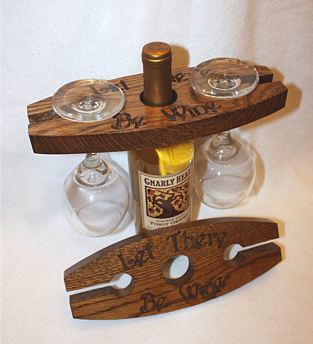 Carved White Oak Yoke Style Wine Bottle Holder With Glasses - Etsy