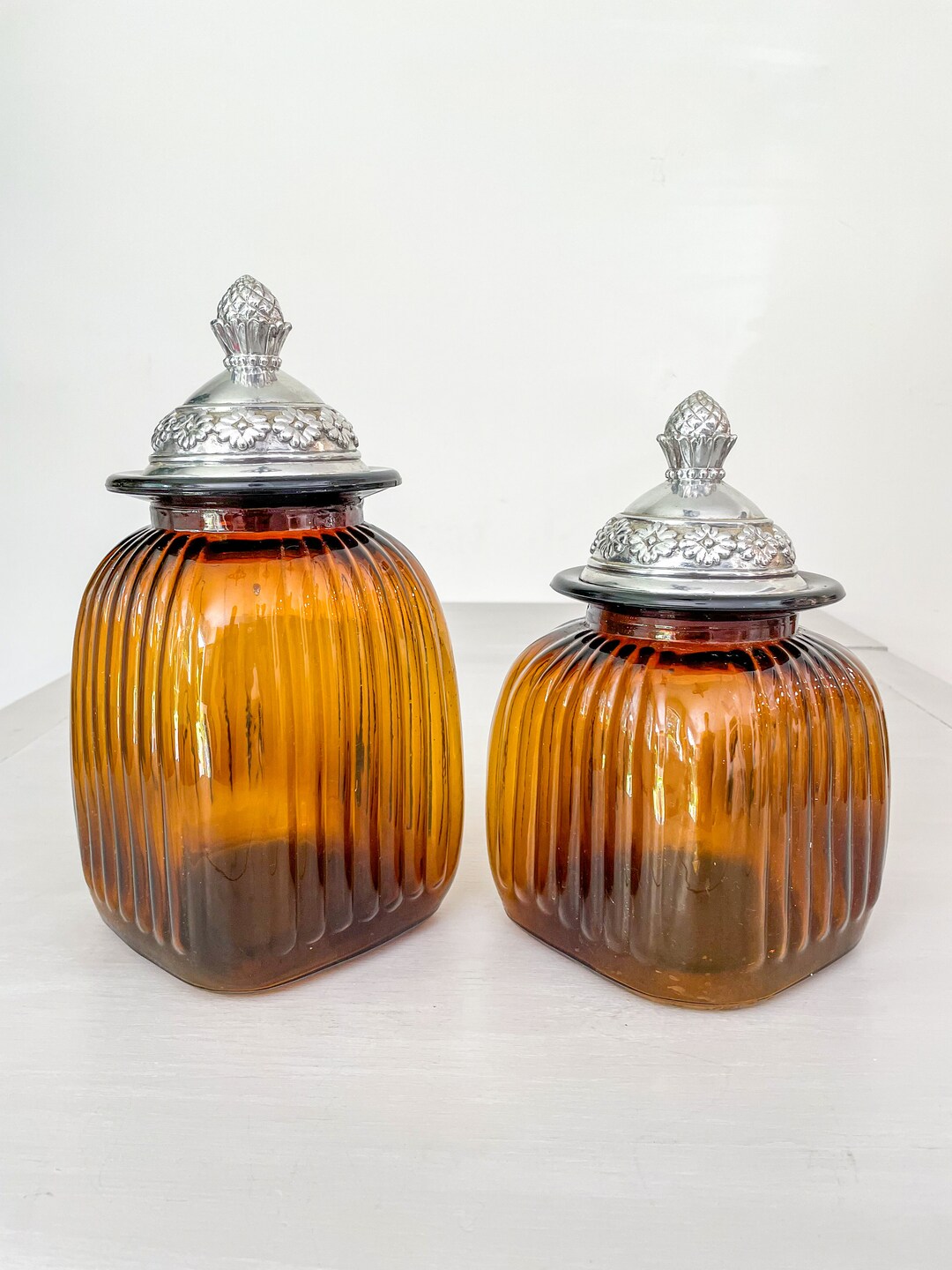 Set of 2 Dark Amber Colored Glass Canisters With Silver Airtight Lids ...