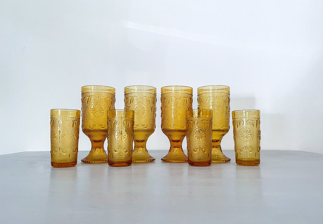 Set of 8 Amber Colored Pressed Glass Tall and Short Glasses/goblets - Etsy