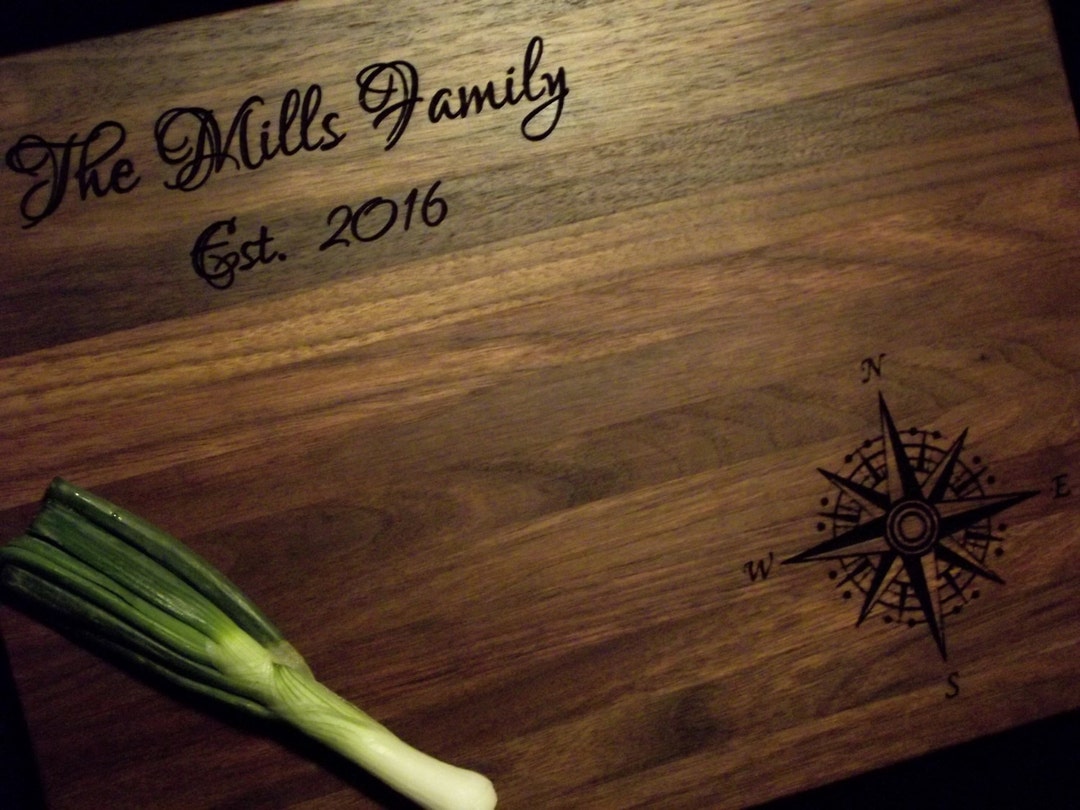 Personalized Butcher Block Hardwood WALNUT Cutting Board 10x13. COMPASS ...