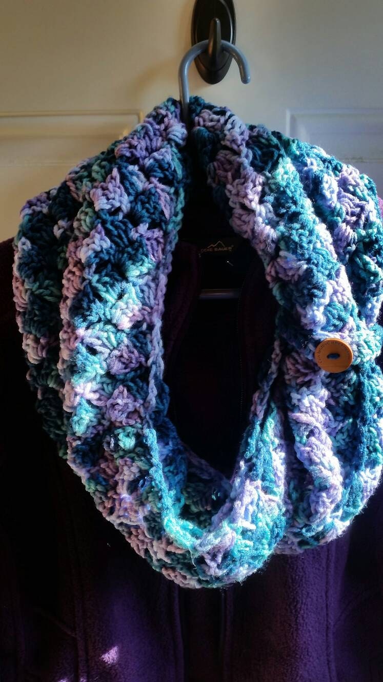 Shell Infinity Scarf in Teal, Purple, Lilac and Aqua. Removable Button ...