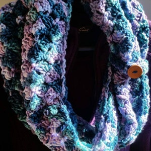 Shell Infinity Scarf in Teal, Purple, Lilac and Aqua. Removable Button ...