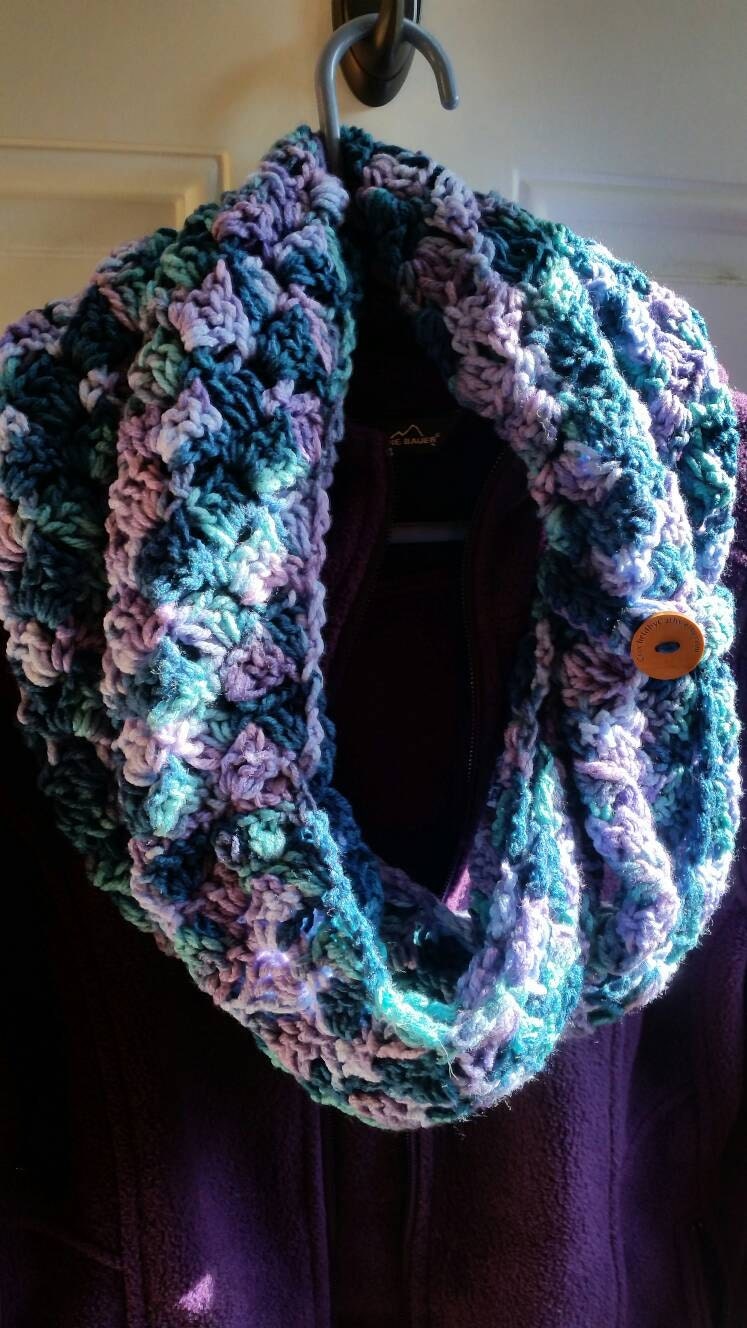 Shell Infinity Scarf in Teal, Purple, Lilac and Aqua. Removable Button ...