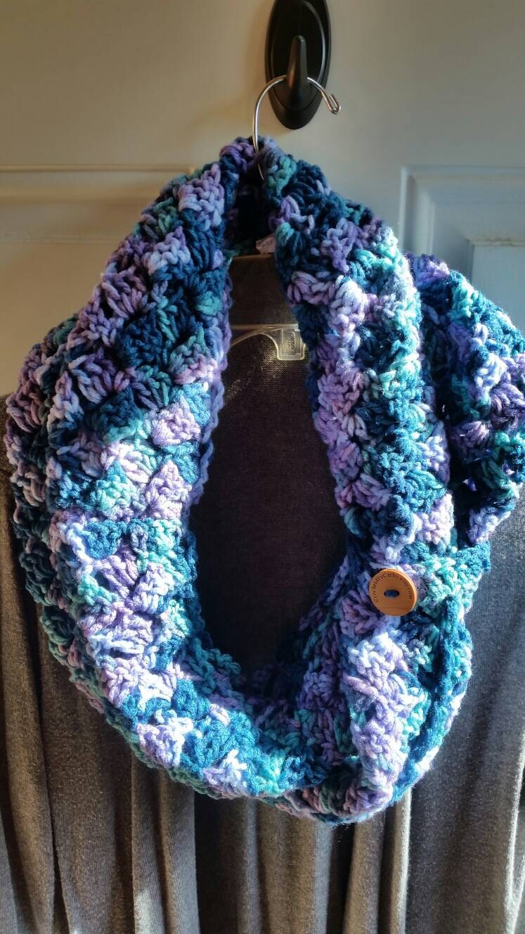 Shell Infinity Scarf in Teal, Purple, Lilac and Aqua. Removable Button ...