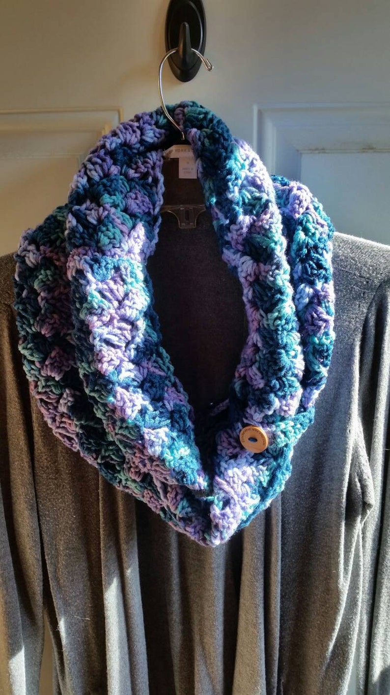 Shell Infinity Scarf in Teal, Purple, Lilac and Aqua. Removable Button ...