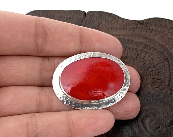 Red Coral Oval Brooch, Red Pin Jewelry, Sterling Silver Brooch ...