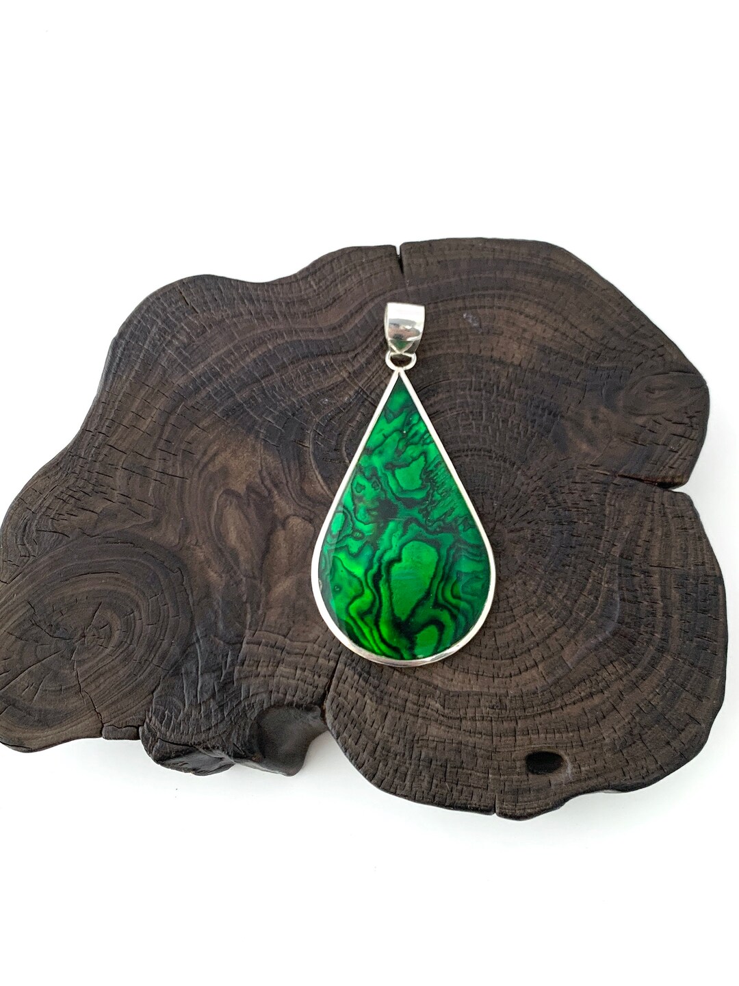 Green Shell Pendant, Green Tinted Abalone, Teardrop Pendant, Sterling ...