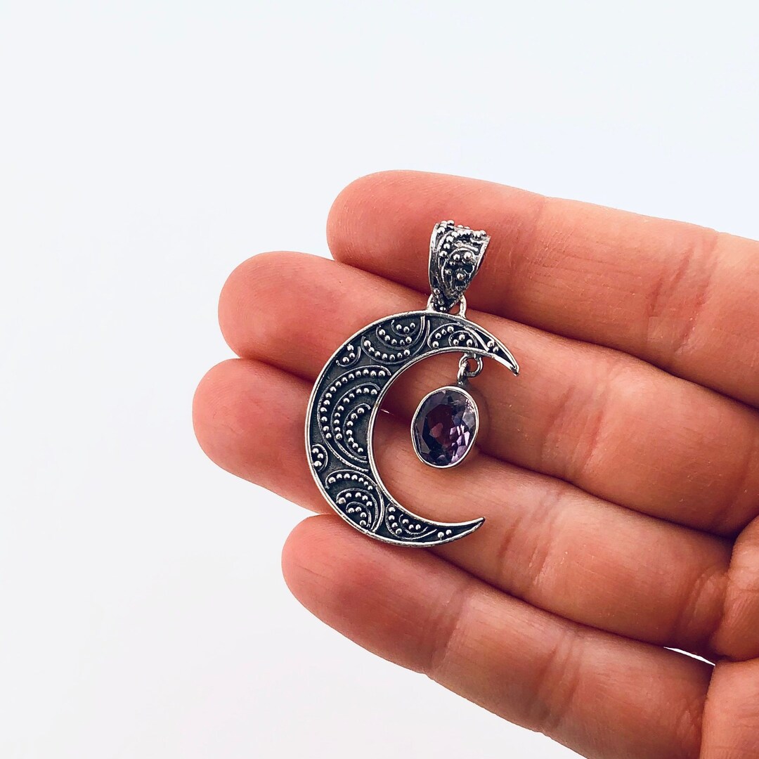 Crescent Moon Pendant, Filigree Silver Moon, Faceted Oval Amethyst ...