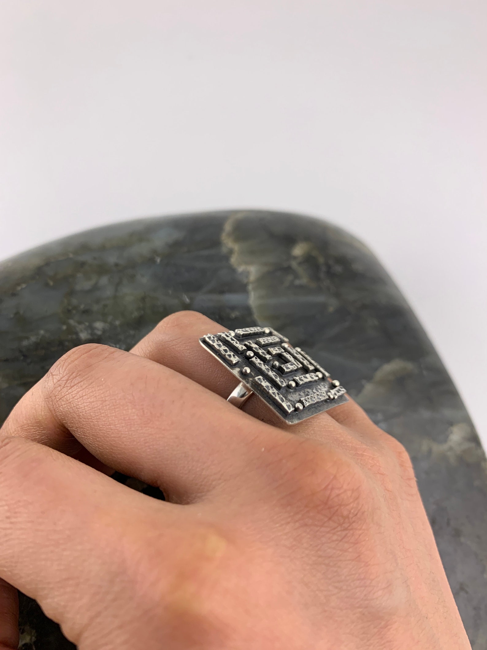 Anillo de laberinto cuadrado, anillo de plata ajustable, anillo de ...