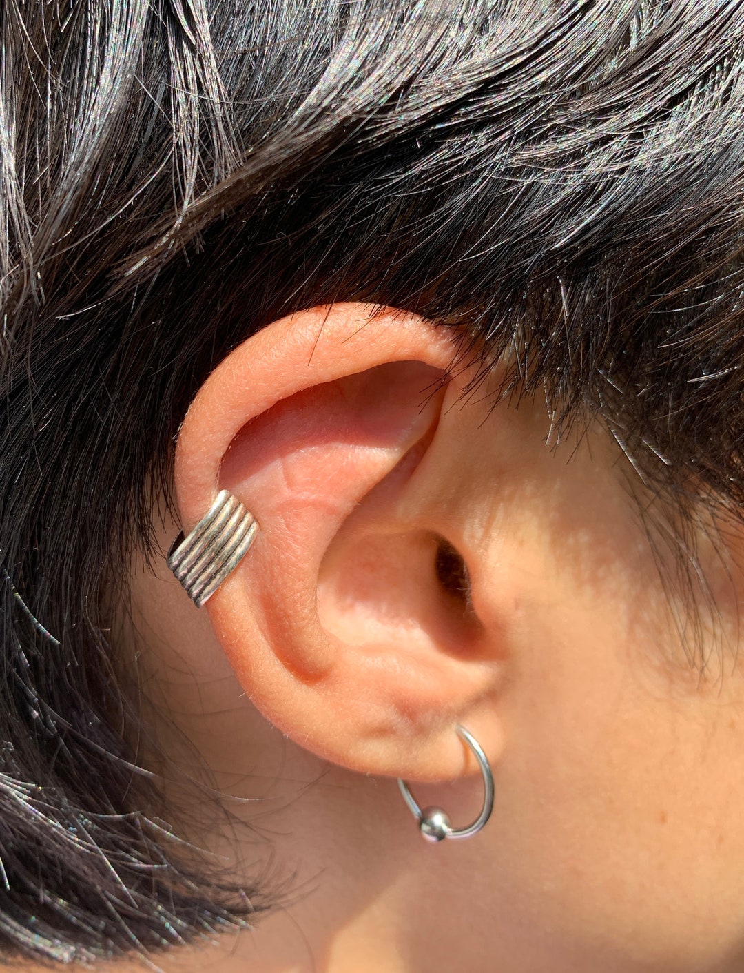 Shiny Sterling Silver Ear Cuff Wrap With Silver Lines, No Piercing. - Etsy